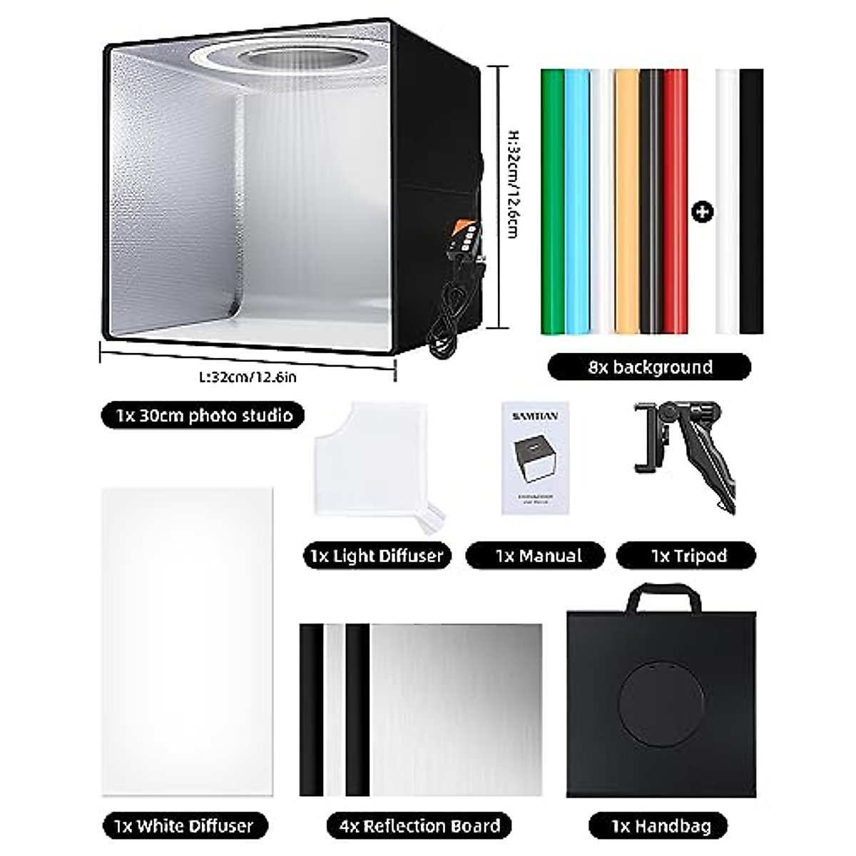 SAMTIAN Upgrade 8 Backdrops Light Box, 12" Shooting Tent with 120 LED Lights Photo Studio Light Box Photography with Reflection Board & Diffuser for Small Size Product Photography