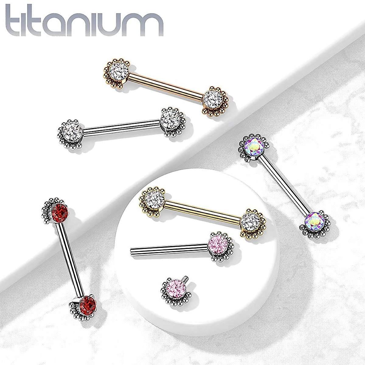 Dynamique Implant Grade Titanium Nipple Barbells Internally Threaded With Bezel Set CZ Center And Beaded Edge (Sold Per Pair Or Per Piece)