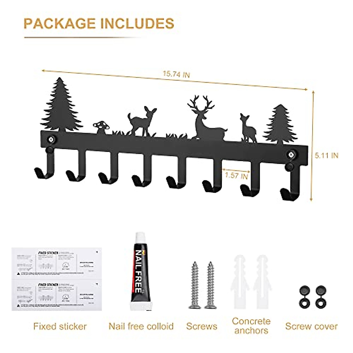 Key Holder Wall Mounted Key Hooks for Wall Decorative with 8 Hooks Black Metal Key Organizer Rack Hanger for Entryway, Garage,Mudroom,Hallway, Office 15.7X5.1 inches