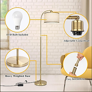 Boncoo LED Floor Lamp Fully Dimmable Modern Standing Lamp Arc Floor Lamp with Adjustable Drum Shade, Golden Tall Pole Reading Lamp Corner Light for Living Room Bedroom Study Room, 8W LED Bulb Included