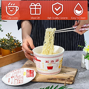 Norme 2 Sets Ramen Bowl Set with Chopsticks 34 oz Instant Ramen Noodle Bowls with Lid Cute Soup Mug Instant Noodles Cup Large Japanese Soup Bowls with Handle for Kitchen