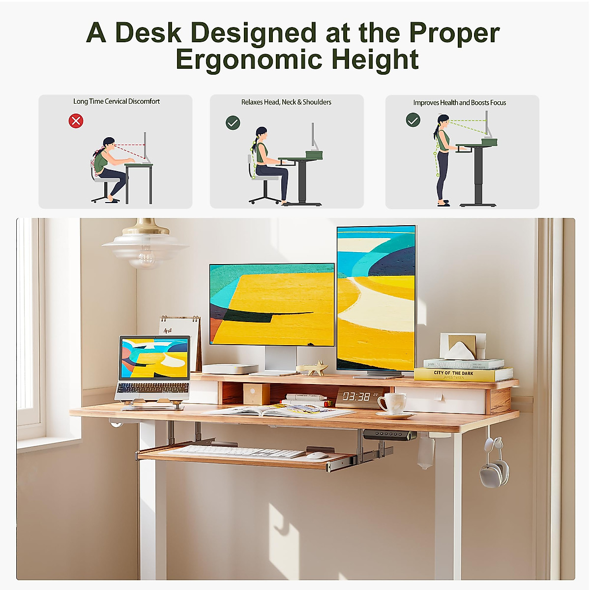 BANTI 48'' Height Adjustable Electric Standing Desk with Keyboard Tray, Home Office Desk Computer Workstation with Storage Shelf, Sit Stand Desk, Light Rustic Top
