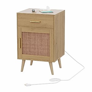 Irontar Rattan End Table with Charging Station, Bedside Table with USB Ports & Outlets, Accent Side Table with Drawer, Bedroom Nightstand with Door, Magazine Rack, Natural BZZ005NE