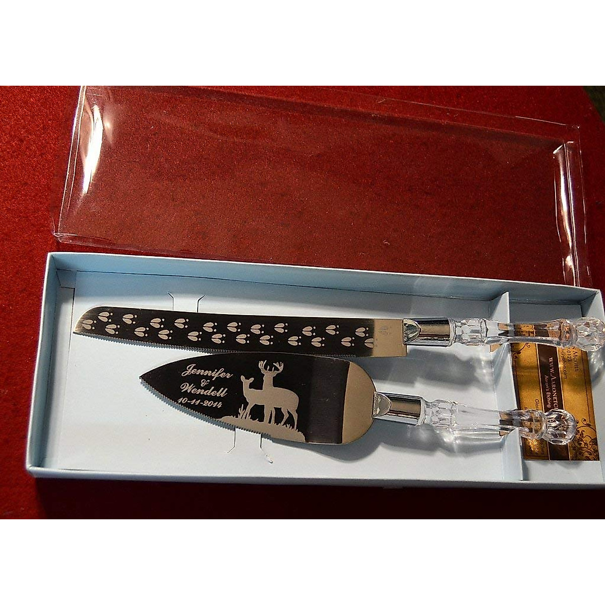 Aaron's Etching Deer Couple Buck & Doe Engraved Wedding Cake Knife/Server Set with Names and Date