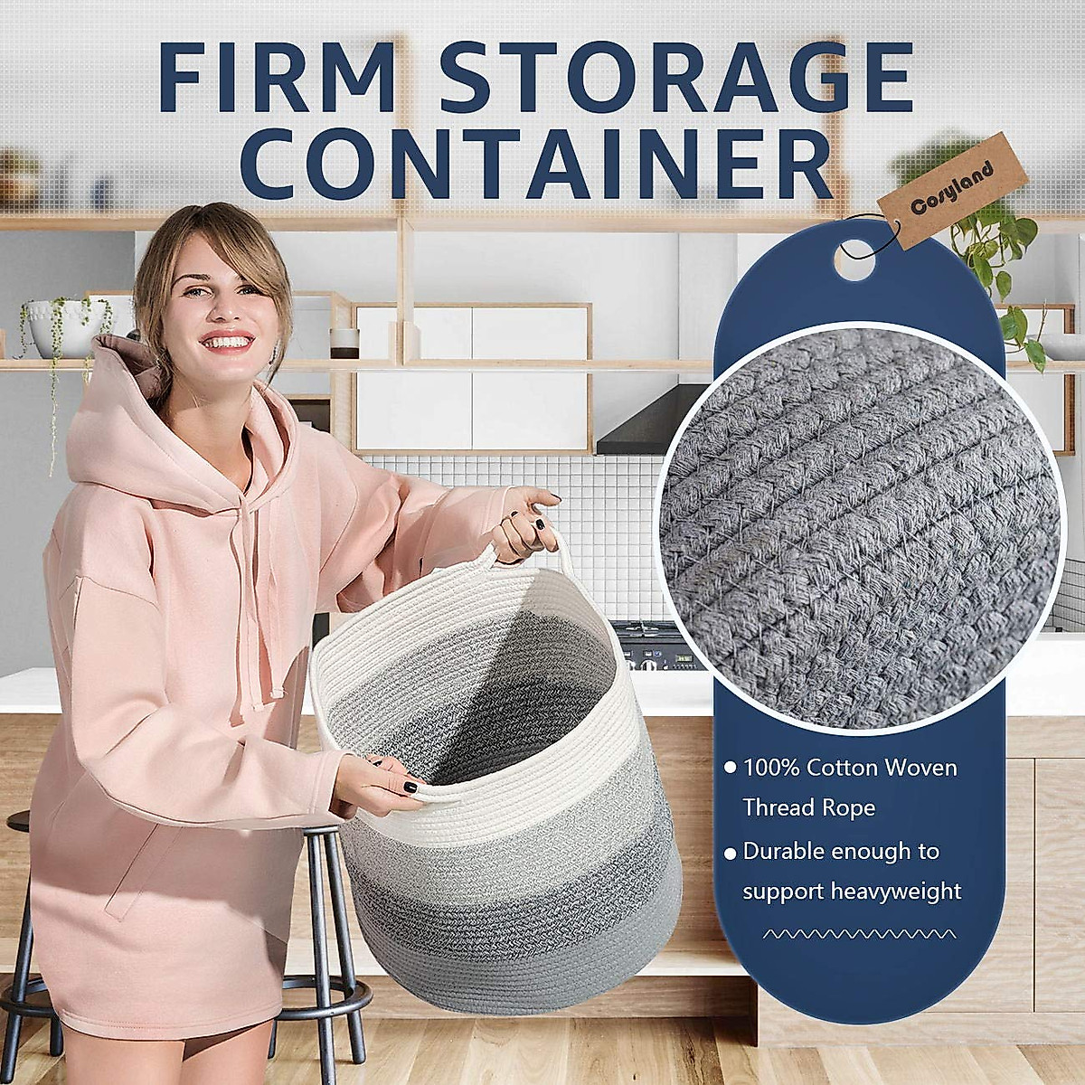 COSYLAND Large 15.7“x15.7“x10“ Storage Laundry Basket Woven Cotton Rope Organizer for Blanket Toys Towels Baby Nursery Hamper Bin with Handle