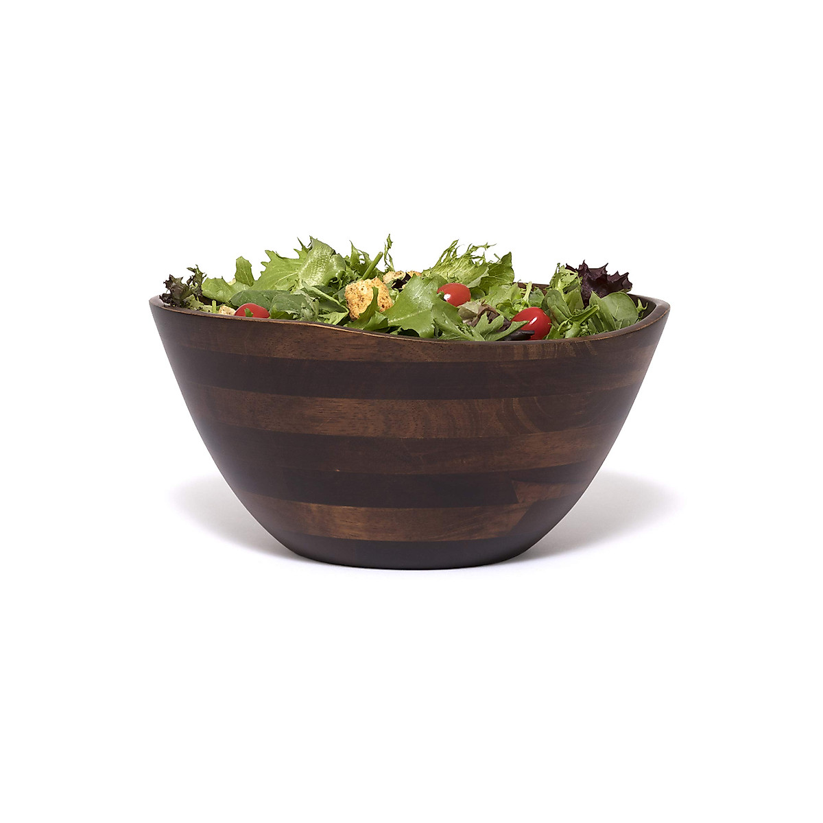 Lipper International Walnut Finish Large Wavy Rim Bowl with Salad Hands