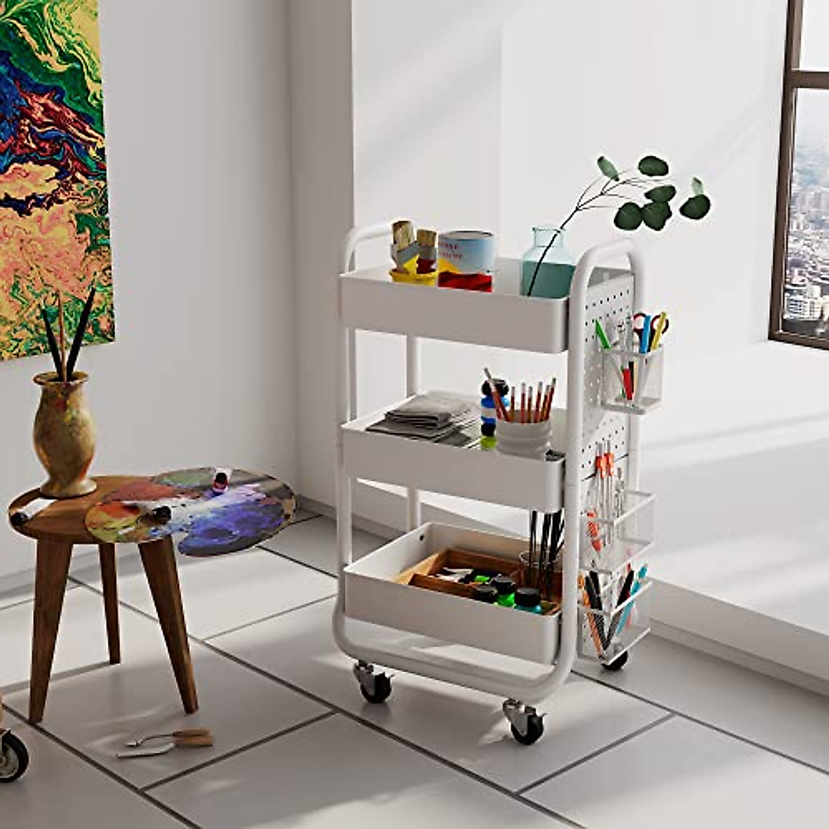 DESIGNA 3-Tier Rolling Cart, Utility Cart with Handle, Extra 3 Storage Accessories, Removable Pegboard, Easy Assembly Craft Carts for Kitchen, Bathroom, Office, Metal, White