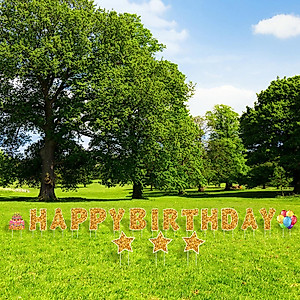 Jetec 18 Pieces Happy Birthday Yard Signs with Stakes, 16 Inches Birthday Outdoor Lawn Signs, Birthday Cake Balloon Patio Decorations, Garden Lawn Decorations for Birthday Party(Gold)