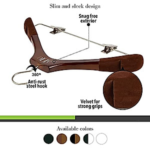Premiere Luxe Natural Wood Coat Hangers- Wooden Suit Hangers with Clips, Skirt Hangers, Pants Hangers with Clips- Standard Clothing Hangers- Space Saving Hangers (Black with Black Velvet, 6)