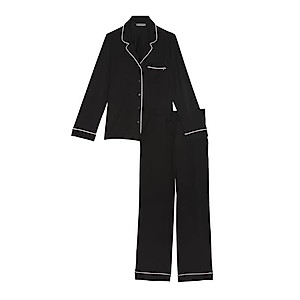 Victoria's Secret Modal Pajama Set, Long Sleeve Shirt and Pants, Pajamas for Women, Black W Angel Pink Piping, M