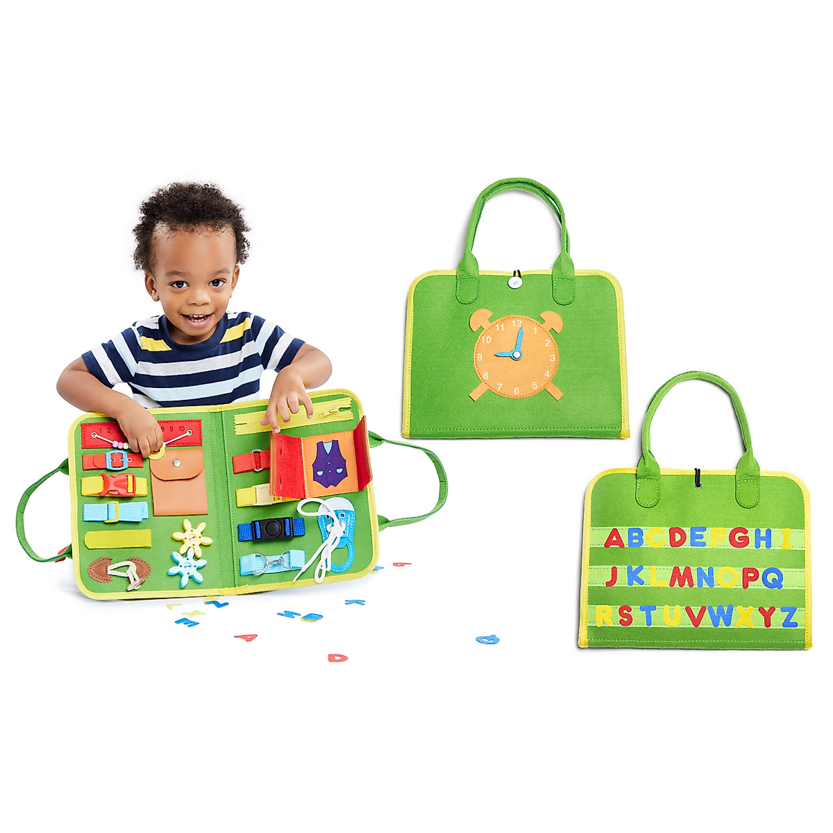 SoEm Busy Board Montessori toy Sensory Educational toy for 1 2 3 4 5 6 years Activity book for basic dress skills and fine motor for Travel plane and car, 16 activities in 1 Gifts for Girls and Boys