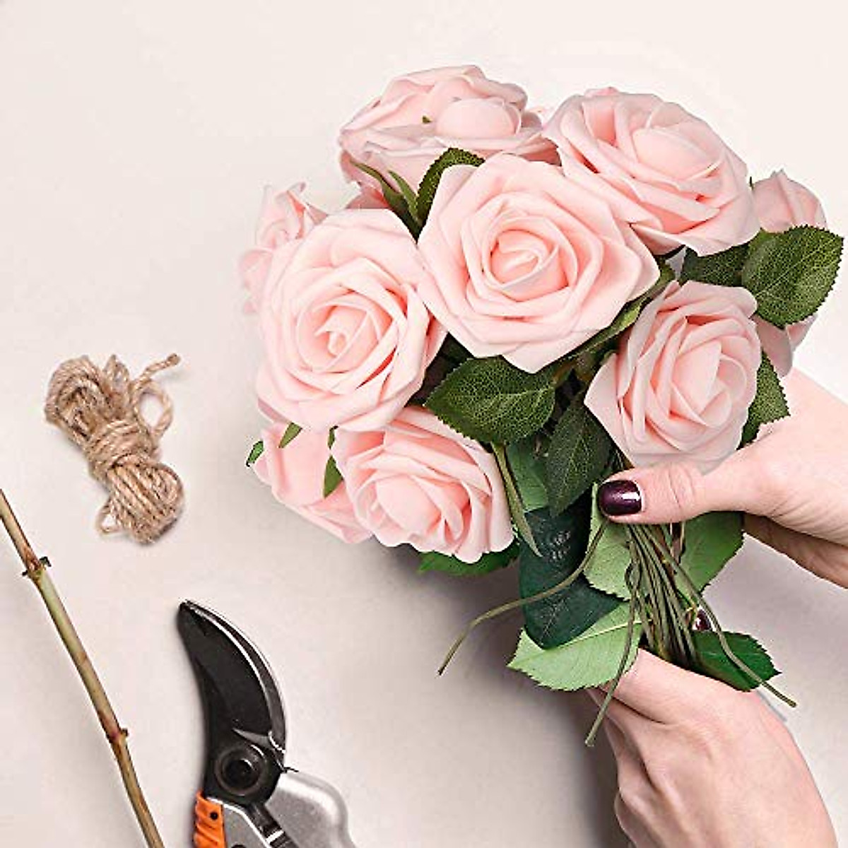 Mocoosy 50pcs Artificial Rose Flowers, Pink Roses Blush Real Touch Foam Fake Rose Bulk with Stem for Wedding Bouquets Centerpieces Wedding Shower Party Home DIY Decoration
