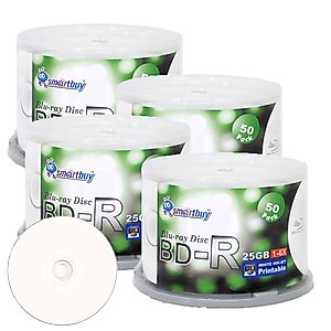 Smartbuy 200-disc 25gb 6X Bd-r BDR Blu-ray Single Layer White Inkjet Hub Printable Blank Data Recordable Media Disc with Cakebox/Spindle Packing