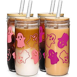 ANOTION Halloween Cups, 24oz Halloween Mason Jar with Lid and Straw Tumbler Iced Coffee Cups Halloween Decor Cookie Jar Glasses Halloween Glassware Drinking Water Bottles Halloween Decorations Indoor