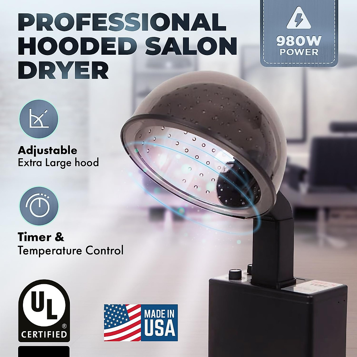 Buy-Rite X-TRA Hot Dryer Professional Hooded Standing Salon Dryer, 980 Watts, Made in The USA, Timer and 4-Setting Temperature Control, Adjustable Extra Large Hood, HL-1500