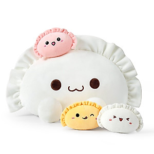Ditucu Cute Dumpling Plush Pillow Mommy 14 inch with 3 Babies 4 inch Funny Family Food Shaped Stuffed Animals Plushies Toys Gifts for Kids