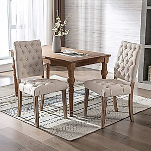 TRIPLE TREE High Back Dining Chairs Set of 2,Linen Fabric Accent Dining Chairs with Wooden Legs and Padded Seat,Upholstered Button Tufted Armless Chair Side Chair for Kitchen & Dining Room,Beige