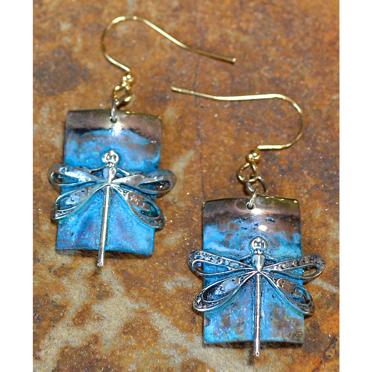 Elaine Coyne Verdigris Patina Solid Brass Dragonfly on Rectangle Dangle Earrings