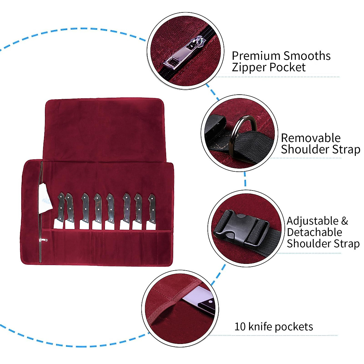 Chef Knife Roll Bag,Waxed Canvas Knife roll bag,Portable 10 Slots Chef Knife case with 1 Zipper Pockets,Heavy Duty Knives Roll Bags for Chef Case for Camping and Hold Home Kitchen Knife Tools Up (Red)