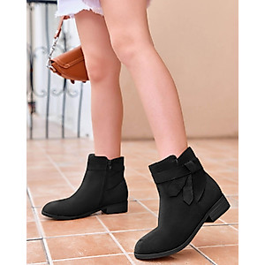 PiePieBuy Kids Girls Tie Knot Ankle Boots Chunky Low Block Heel Chelsea Dress Booties Winter Shoes With Zipper,Black, Size 2 Little Kid