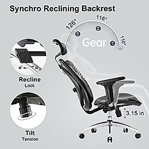 SIHOO Ergonomic Mesh Office Chair, Computer Desk Chair with 3-Way Armrests, 2-Way Lumbar Support and Adjustable Headrest, High Back Home Office Chair with Tilt Function, Mesh Back and Seat(Black)