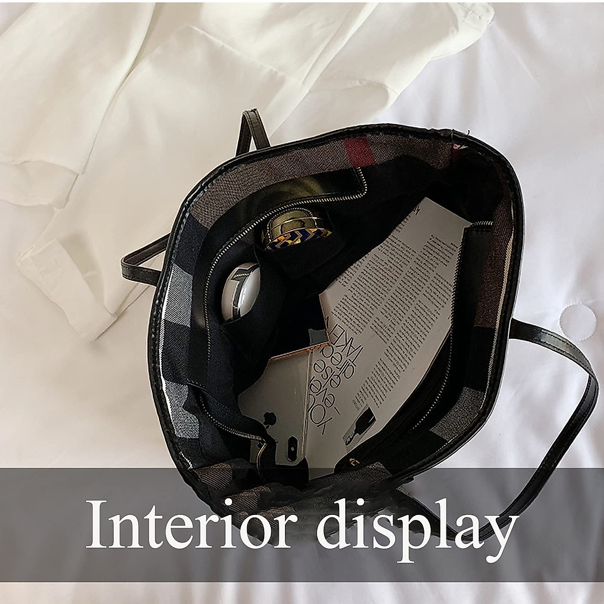 Waiyqju Plaid Canvas Women's Tote Aag Large Capacity Fashion Spacious Satchel Leisure Beach Bag (black)