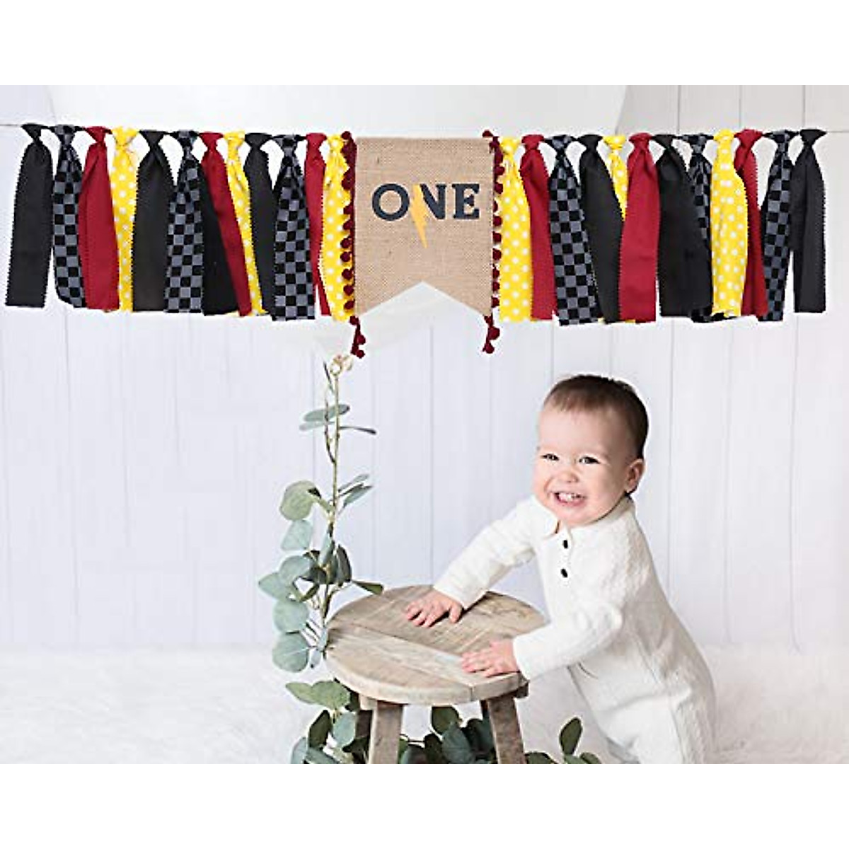 WAOUH Lightning Banner For 1st Birthday - High Chair Banner For First Birthday Decorations, Rag Tie Fabric Garland, Photo Booth Props, Birthday Souvenir And Gifts(Yellow Red And Black)