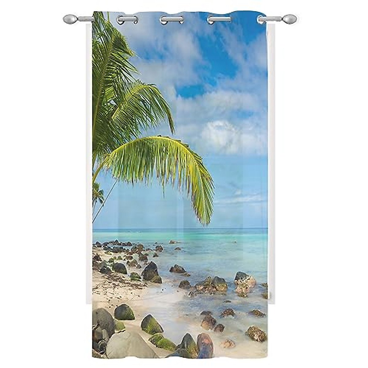 Sheer Curtains 1 Panel,Palm Tree Beach Sea Cloud Blue Sky Island Reef Stone Chiffon Window Treatment Grommet Semi Transparent Drapery for Kitchen Bedroom Decorations,52x96 Inch