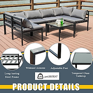 Homsido Outdoor Patio Furniture Set,Outdoor Chairs Set Sectional Sofa Patio Conversation Set，Porch Patio Chat Set with Tempered Glass Table top Coffee Table and Grey Cushions