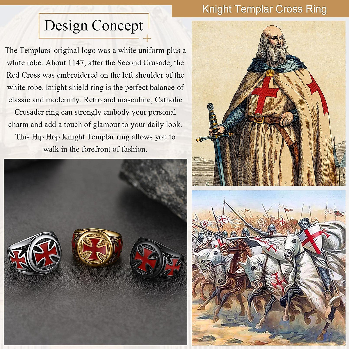 FaithHeart Masculine Punk Knight Templar Cross Ring Size 10 Fashion Stainless Steel Maltese Symbol Jewelry for Woman