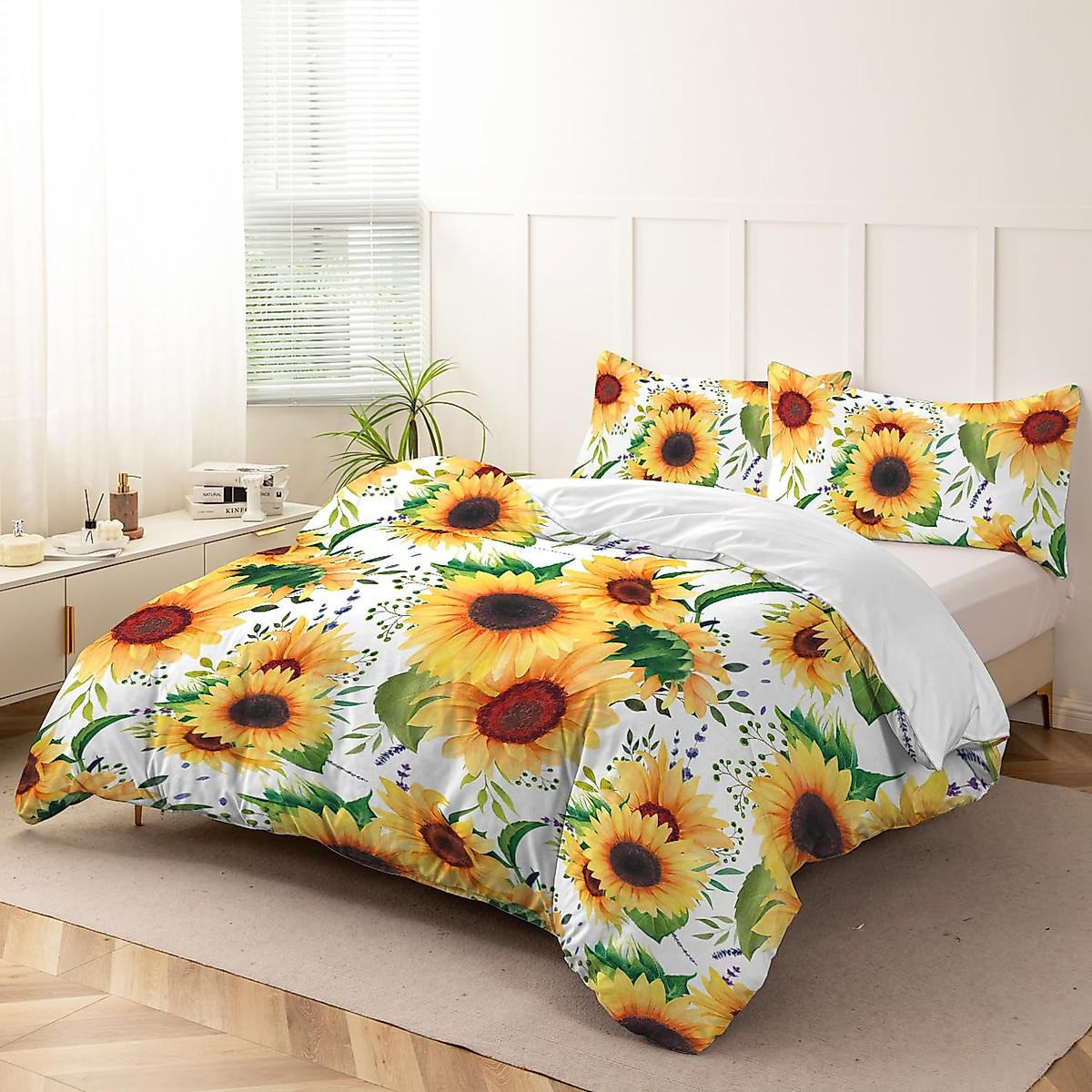 Dropshipful Sunflower Floral Duvet Cover Full Size, Soft White Sunflower Bed Set Gifts for Women, Nature Botanical Garden Sunflower Bedding 3 Pieces, 1 Duvet Cover and 2 Pillow Shams