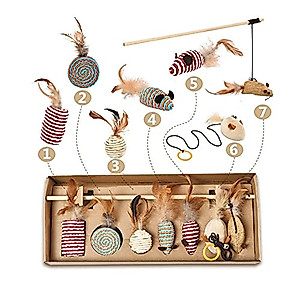 7 Pack Ferret Toys - Interactive Ferret Toys Assortments Feather Teaser Wand with Sisal Mice Balls and Bells Toys for Ferret Cat Kitten Puppy (7 Pack)