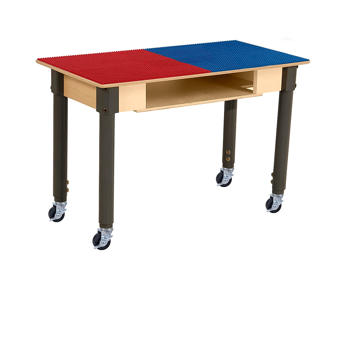 Wood Designs Time-2-Play Montessori Play Table, Reactangular Birch Plywood Red & Blue Lego Compatible Building Blocks Table Built-in Storage with Wheels for Kids [18”-29” Adjustable Legs]