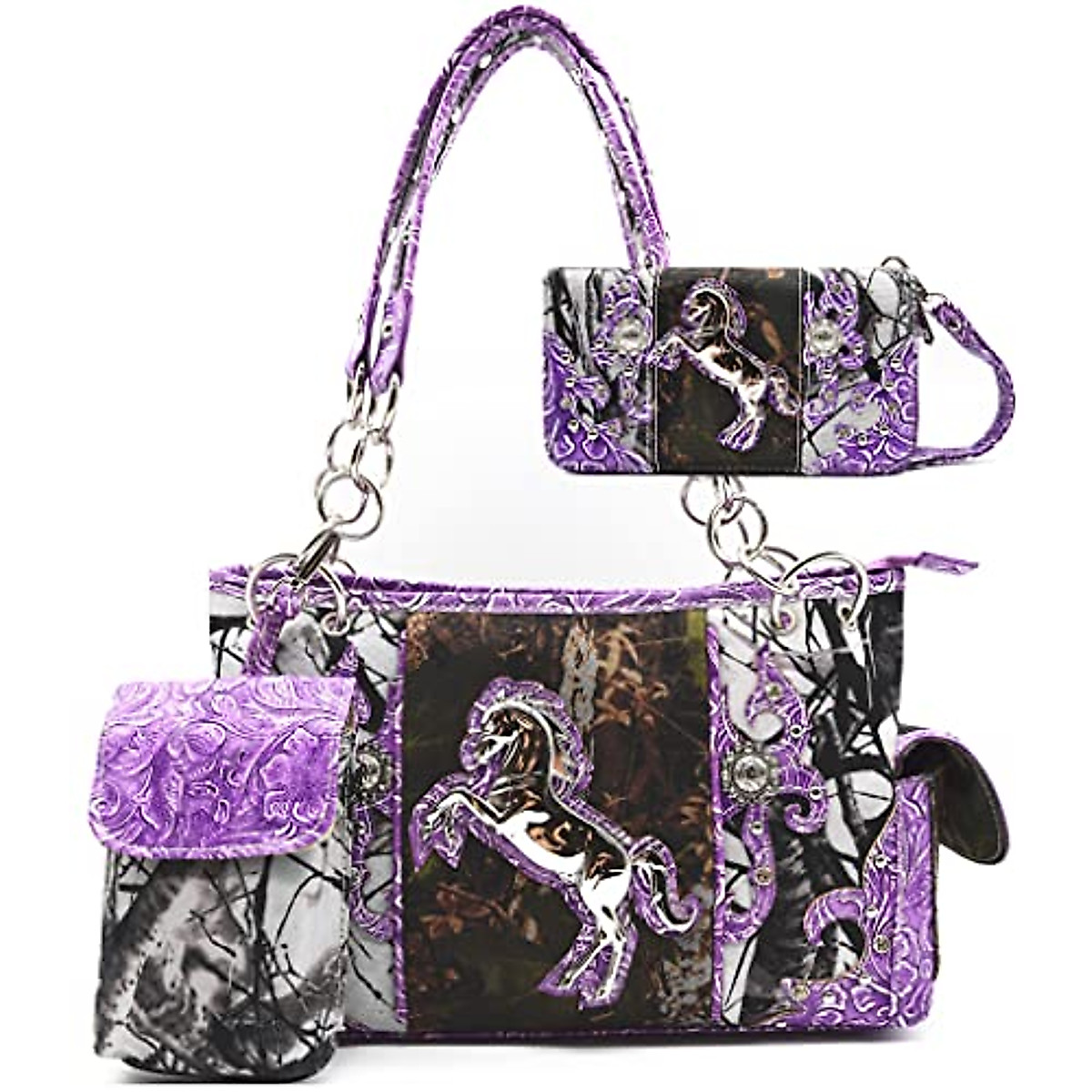 Camouflage Western Style Tote Studded Handbag Concealed Carry Purse Country Women Shoulder Bag Wallet Set (#2 Purple Set)