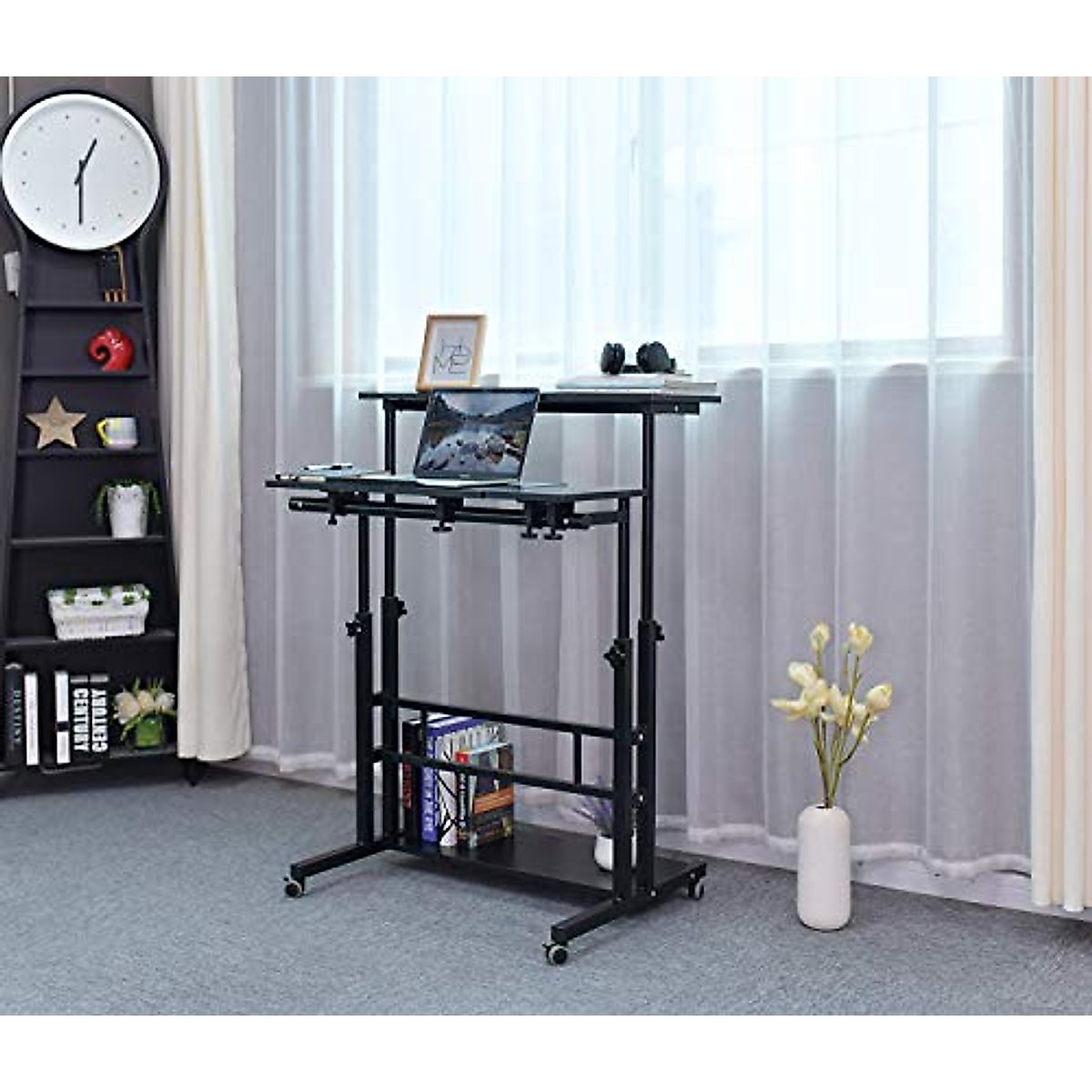 AIZ Mobile Standing Desk, Adjustable Computer Desk Rolling Laptop Desk Cart on Wheels Home Office Computer Workstation, Portable Laptop Stand Tall Table for Standing or Sitting, Black Willow