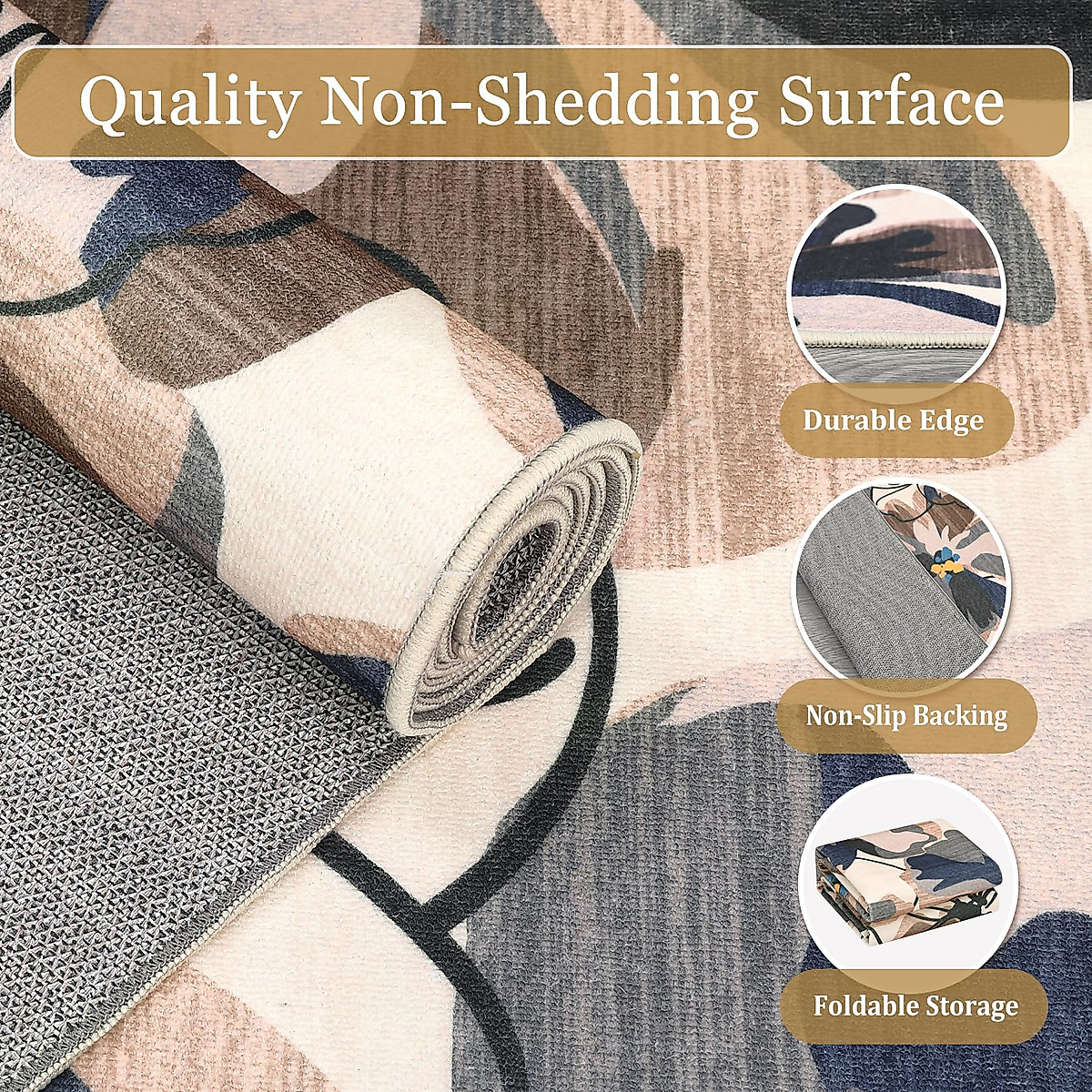 Washable Floral Living Room Rug 5x7, Modern Bright Floral Area Rugs for Bedroom Non-Slip Large Low-Plie Kitchen Rug Indoor Floor Throw Carpet for Dining Room Entryway Office, Brown Multi