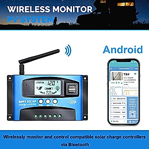 Y&H 100A 12V/24V MPPT Solar Charge Controller w/LCD Display Dual USB and WiF, Solar Panel Regulator fit for Gel Flooded and Lithium Battery Model: BL912-100A-WIF (Blue)