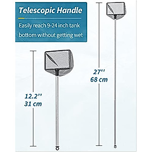 Pawfly 4 Inch Aquarium Fish Net with Telescopic Stainless Steel Handle Small Square Net with Soft Fine Mesh Sludge Food Residue Wastes Skimming Cleaning Net for Fish Tanks Small Koi Ponds and Pools