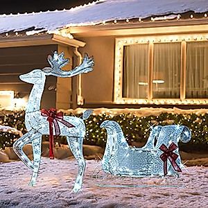 Hourleey Lighted Christmas Decorations Outdoor, Pre-Lit 3D Santa Sleigh Reindeer with 100 LED Cool White Light, Plug in Waterproof Christmas Deer Decorations for Outdoor Yard Lawn Garden Party