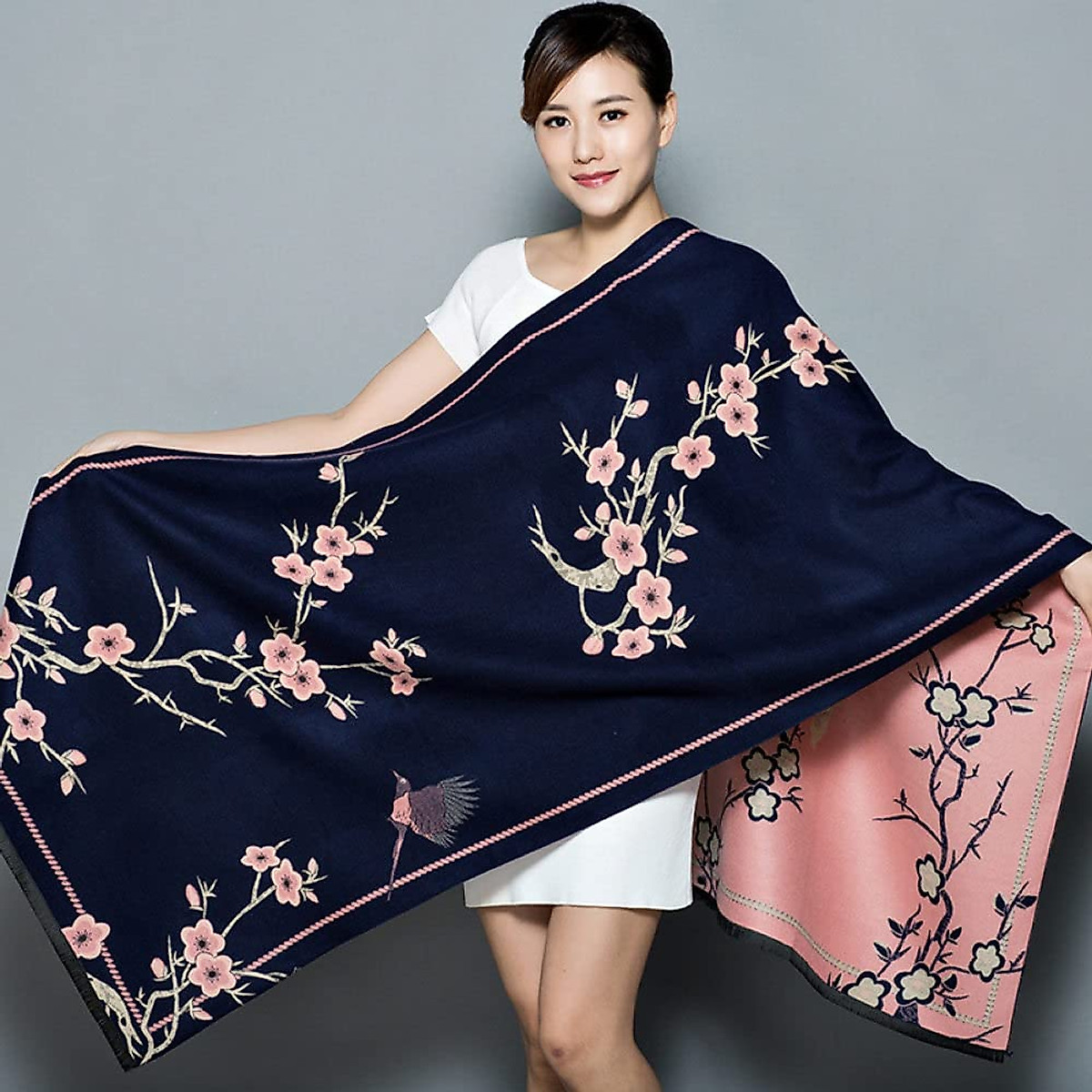 Scarfs,Women's Autumn Winter Cold-Proof Scarf Retro Navy Blue Plum Branch Flower Bird Jacquard Ethnic Warm Soft Cashmere Touch Scarf Thick Blanket Wedding Prom Party Shawl Scarf