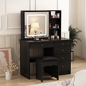 Homsee Vanity Desk Set Makeup Table with Large Sliding Lighted Mirror, Dressing Table with 5 Drawers, Storage Shelves & Cushioned Stool for Bedroom, Black