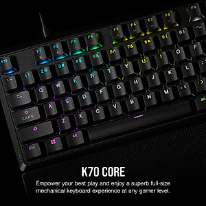 CORSAIR K70 CORE RGB Mechanical Gaming Keyboard with Palmrest - Pre-lubricated Corsair MLX Red Linear Keyswitches - Sound Dampening - Media Control Dial - iCUE Compatible - QWERTY NA Layout - Black