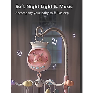 BSROLUNA Baby Crib Mobile with Music and Lights, Baby Mobile for Crib with Remote Control, Hanging Rotating Animal Rattles, 50 Songs and Timing Function, Cartoon Baby Crib Toys for Girls (Baby Pink)