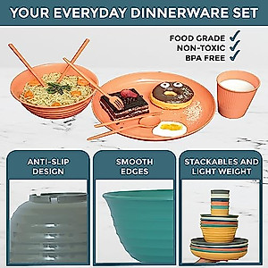 48 Pcs Wheat Straw Dinnerware Sets for 6- Unbreakable Dinnerware Set with Large Plates, Bowl and Cup Set -BPA Free, Lightweight, Microwave Safe Wheat Straw Plates and Bowls Sets, RV Camping Dishes Set