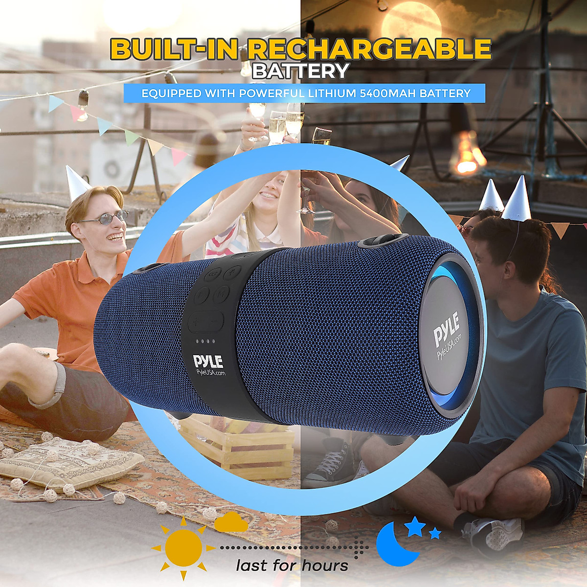 PyleUsa Wireless Portable Bluetooth Boombox Speaker - 2Ch Waterproof Rechargeable Fabric Stereo Speaker w/Google Assistant/Siri Voice Control, TWS Function, USB FM Radio, RGB Lights -PSBWP9BL (Blue)