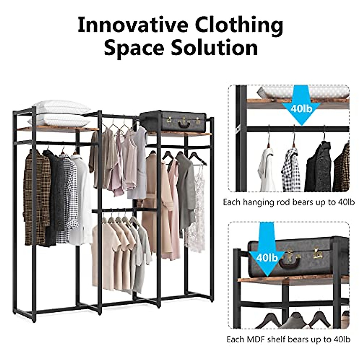 Tribesigns Garment Rack Heavy Duty Clothes Rack, Free Standing Closet Organizer with Shelves and Hanging Rod, Large Metal Clothing Rack for Hallway, Bedroom, Max Load 500Lbs (Dark Black)