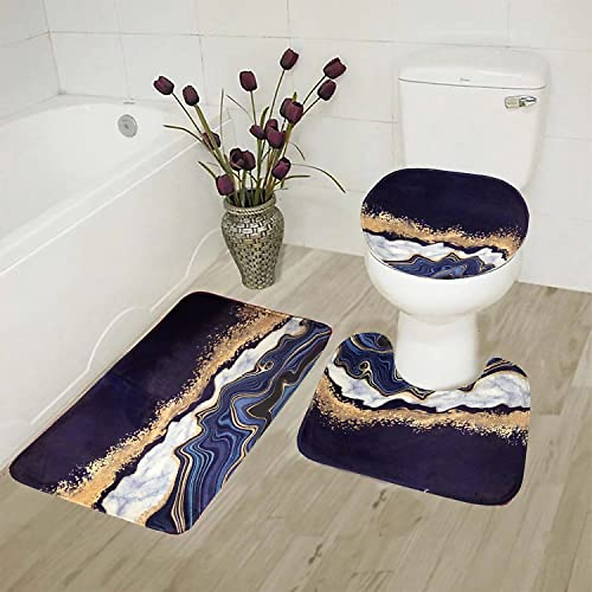 HOMAEUPIN 4 PCS Gold Marble Shower Curtain Sets with Non-Slip Rugs, Toilet Lid Cover, Bath U-Shaped Mat, Luxury Modern Marble Bathroom Sets with Rugs and 12 Hooks Accessories,Gold Dark Blue
