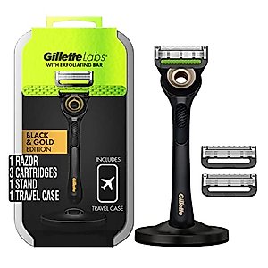 Gillette Razor for Men with Exfoliating Bar Gold Edition by GilletteLabs, Includes 1 Handle, 3 Razor Blade Refills, 1 Travel Case, 1 Premium Magnetic Stand