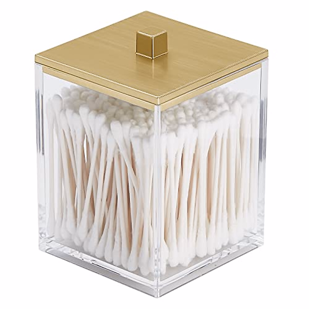mDesign Modern Square Bathroom Vanity Countertop Storage Organizer Canister Jar for Cotton Swabs, Rounds, Balls, Makeup Sponges, Bath Salts - Clear/Soft Brass