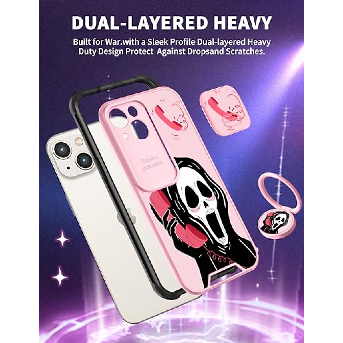 Goocrux (2in1 for iPhone 14 Case Skull Skeleton for Women Girls Cute Girly Phone Cover Cool Funny Gothic Design with Slide Camera Cover+Ring Holder Cases for iPhone14 6.1 inch